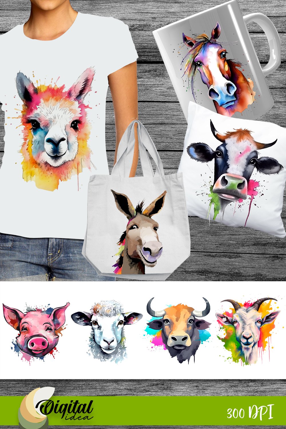 Farm animals sublimation. Colorful animals Head Design PNG.