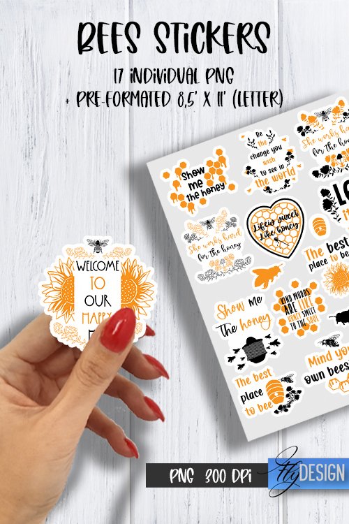 Bees Stickers Bundle. Printable Sticker Sheet PNG. (1573646)