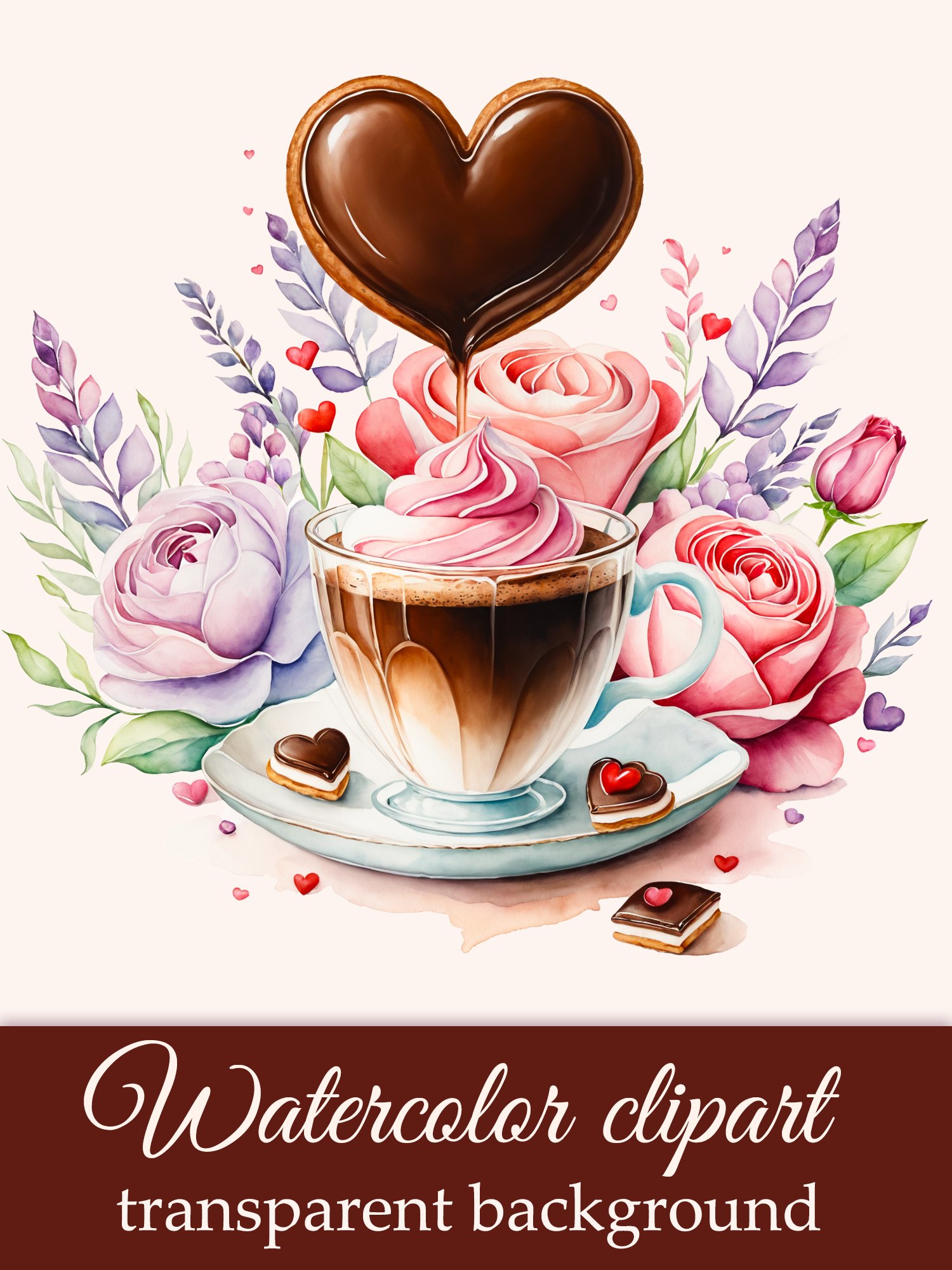 Watercolor coffee cup with hearts and chocolate, clipart Png