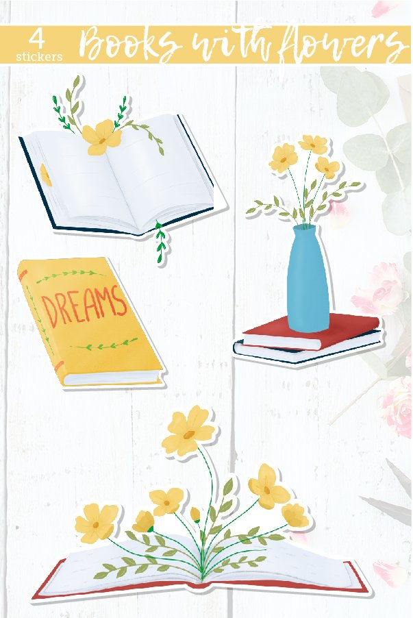 Books with flowers - Printable stickers