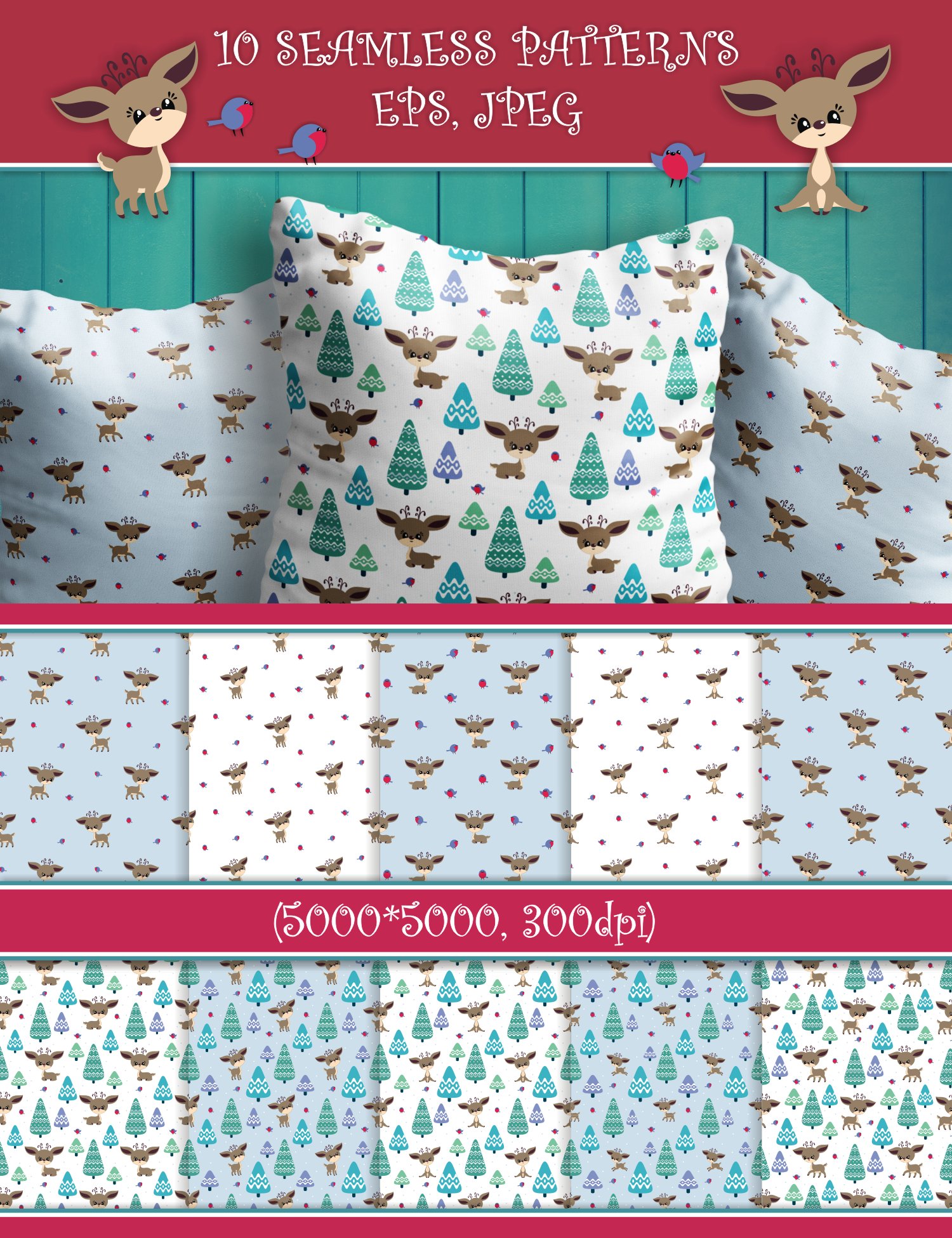 Cute Christmas Deer. Seamless patterns
