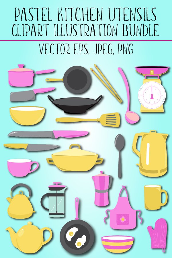 Kitchen Cooking Baking Utensils Pastel Clipart Bundle