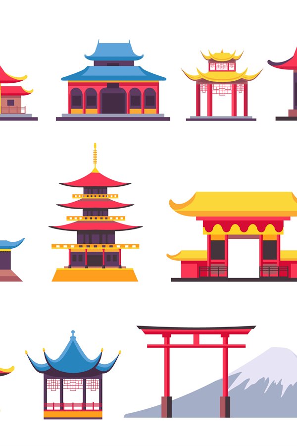 Flat japanese buildings, ancient pagoda and cultural landmar