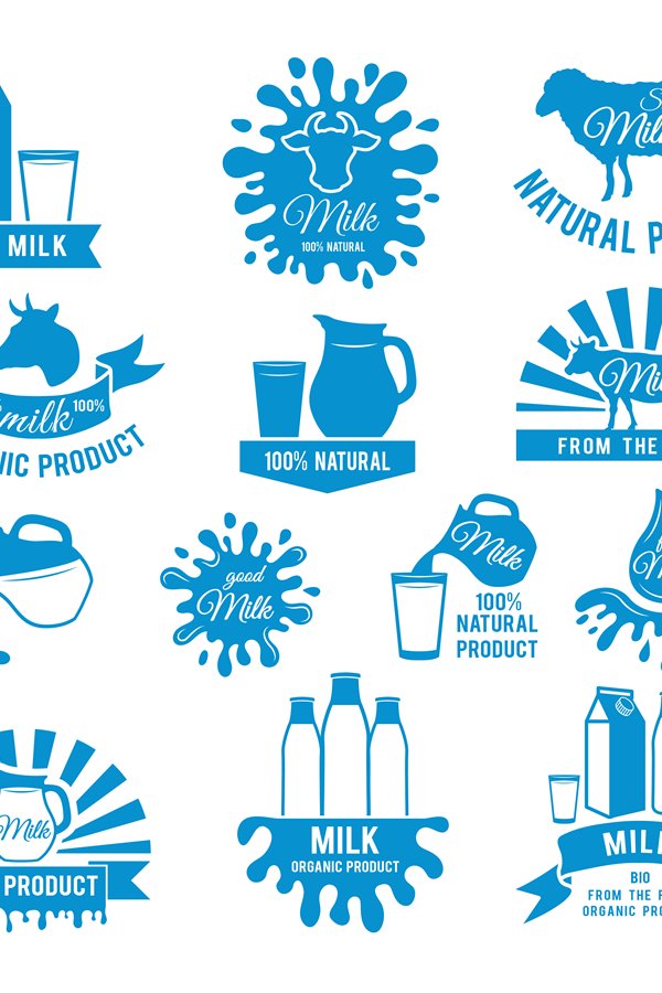 Set of milk labels. Vector illustrations of different splash