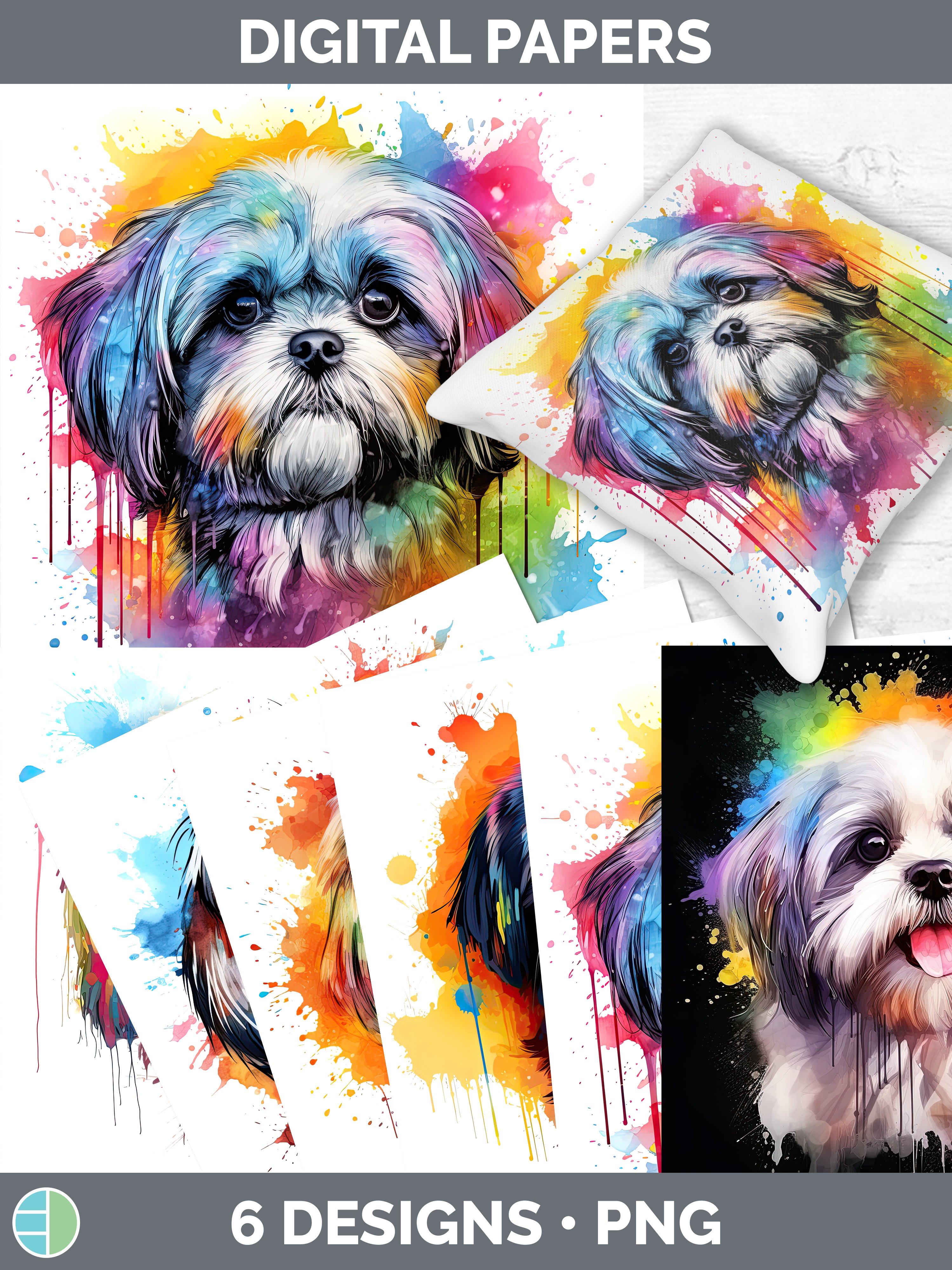 Splat Rainbow Shih Tzu Dog Paper Backgrounds | Digital Scrap