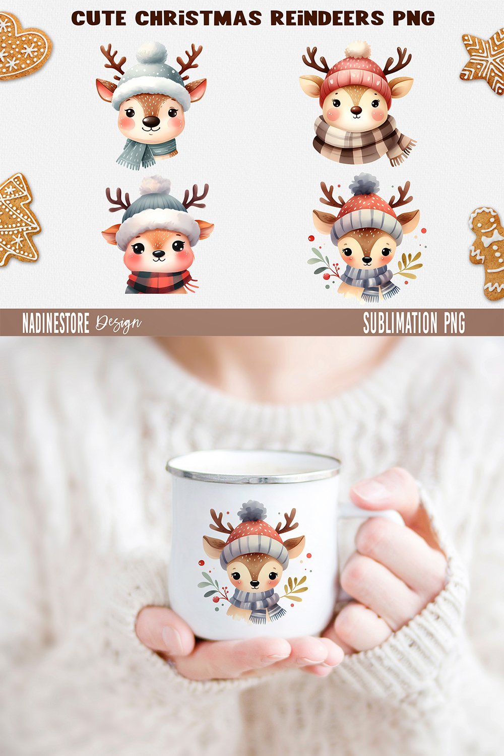Cute Christmas reindeers Sublimation PNG.