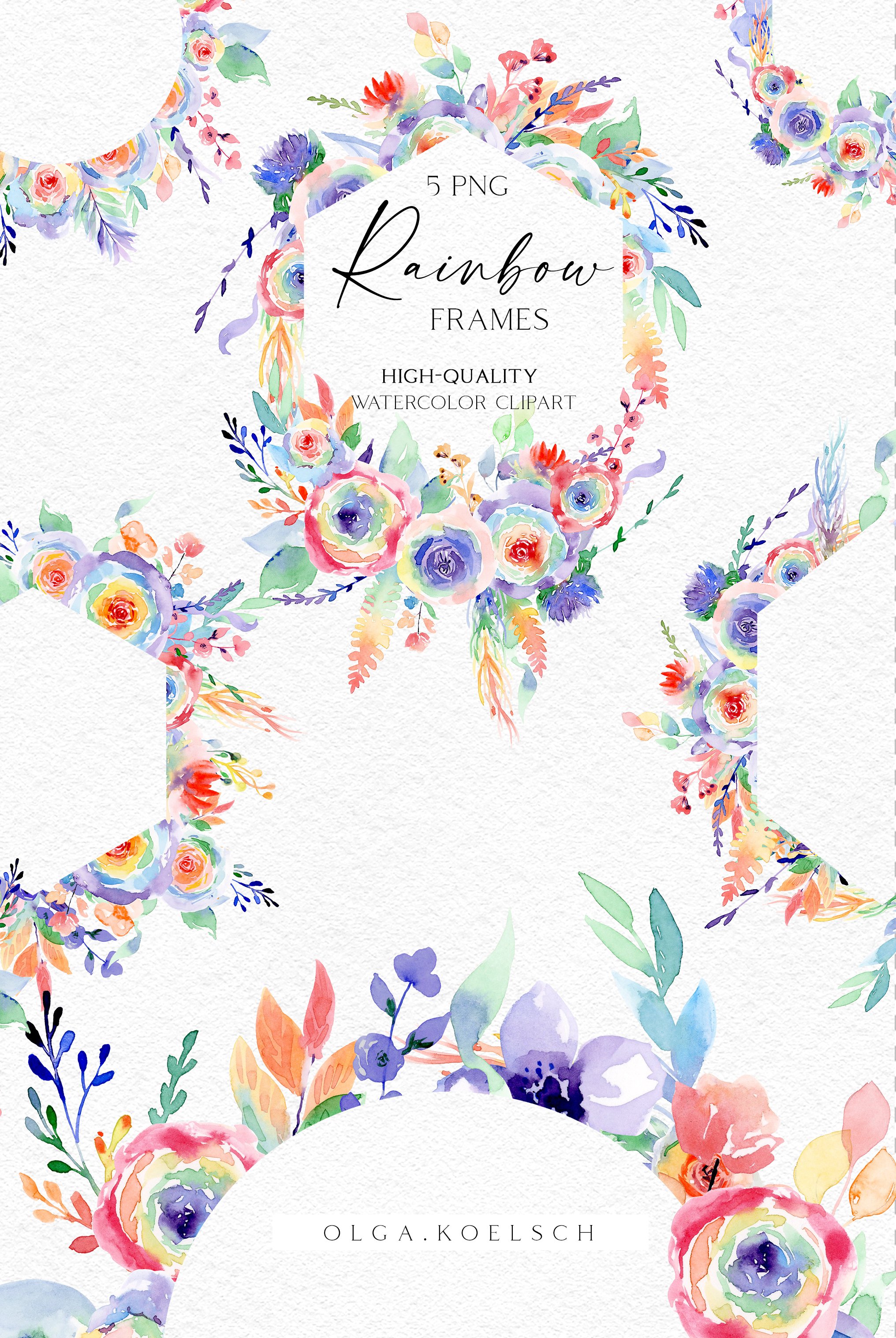 Boho rainbow floral frame clipart, watercolor floral borders