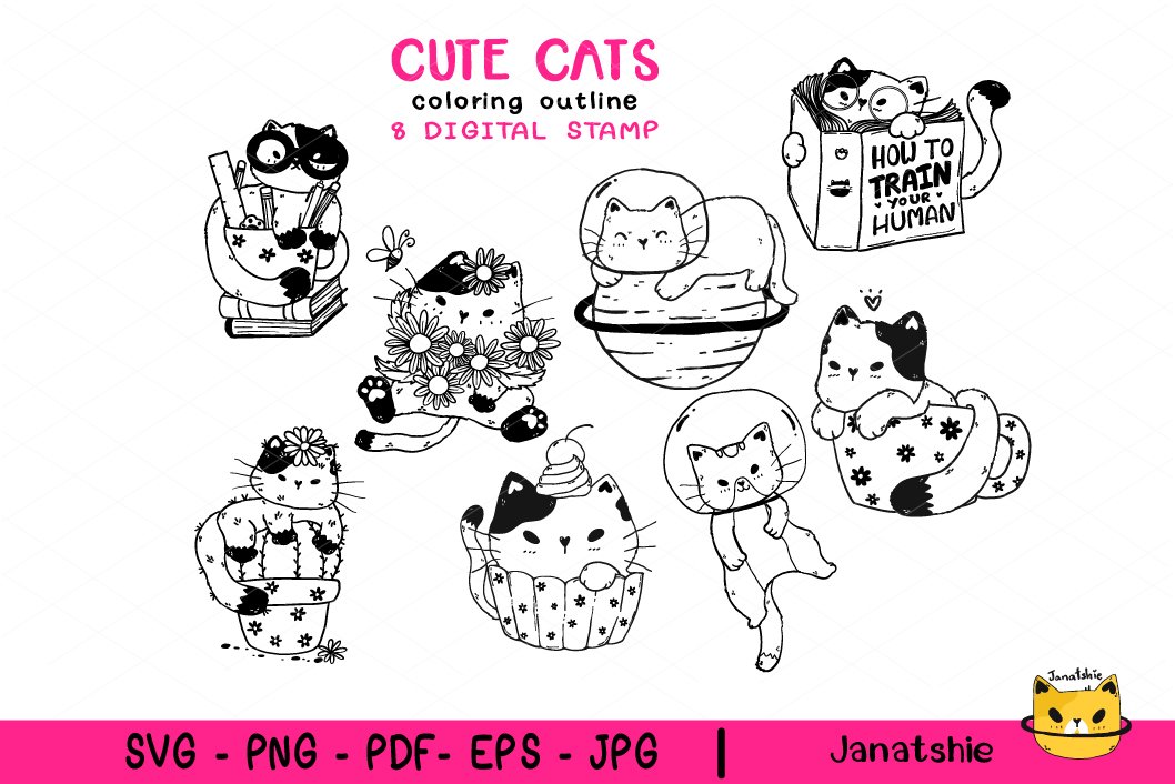 Cute Cat Kitten coloring outline, digital stamp clip art