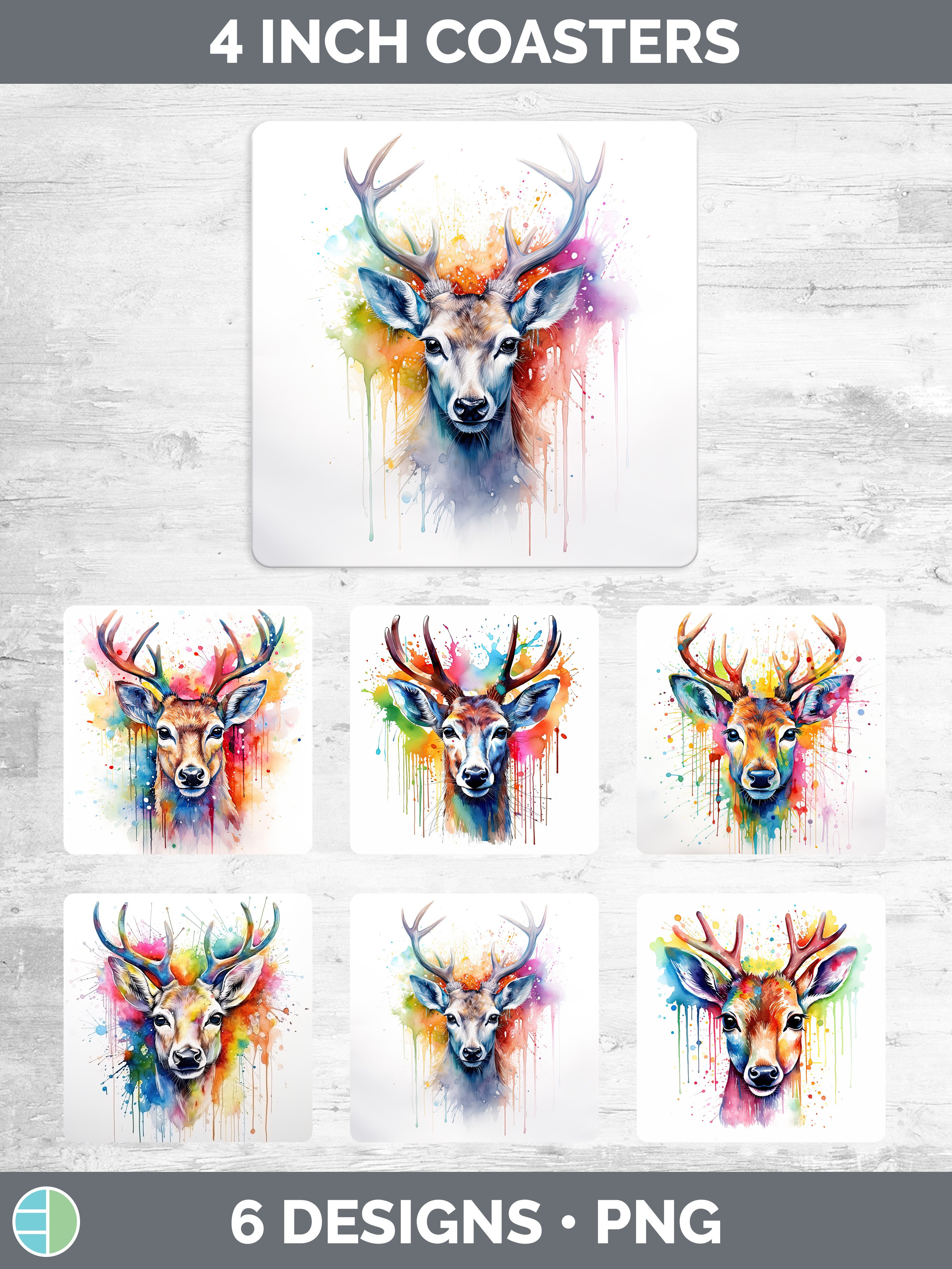 Splat Rainbow Deer Square Coaster | Sublimation Coaster Desi