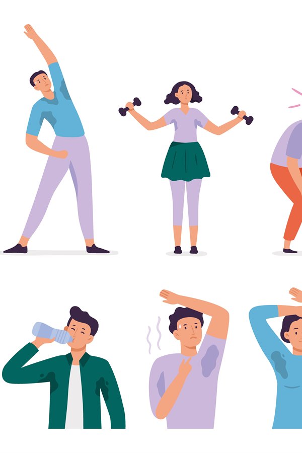 Sweating people. Sweaty man with wet underarms, gymnasticall