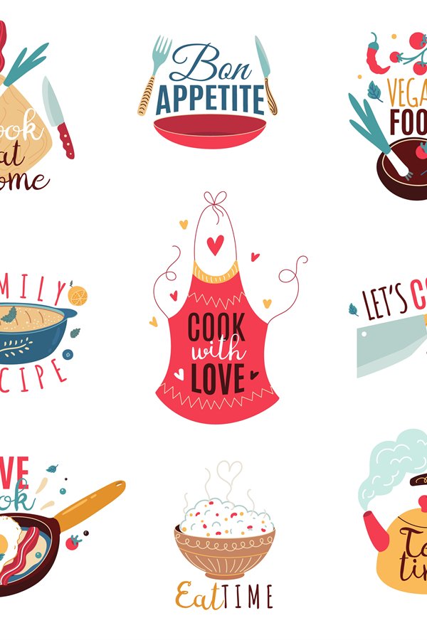 Cooking labels. Kitchen culinary design stickers with inscri