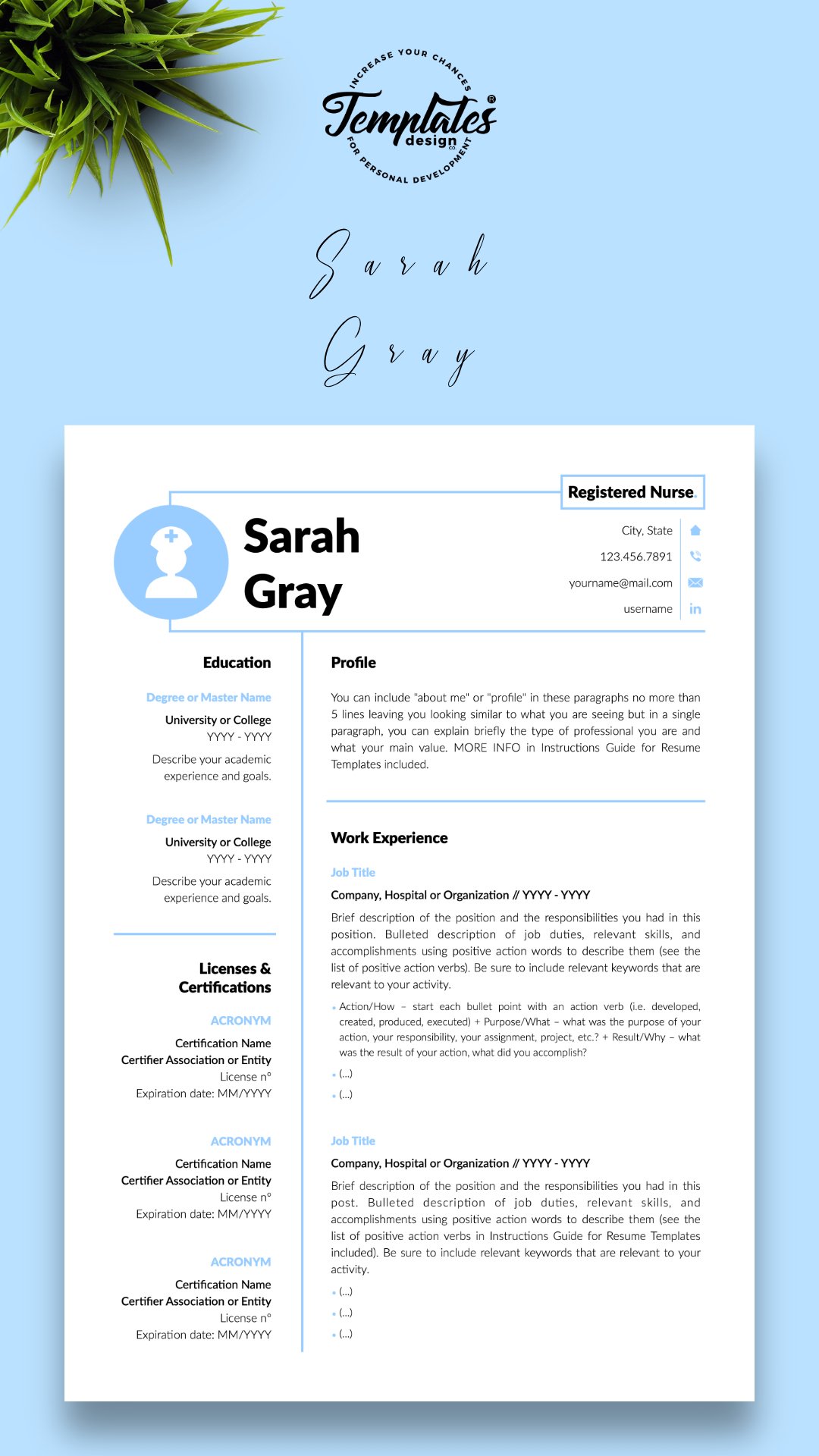 Nurse Resume CV Template for Word & Pages Sarah Gray