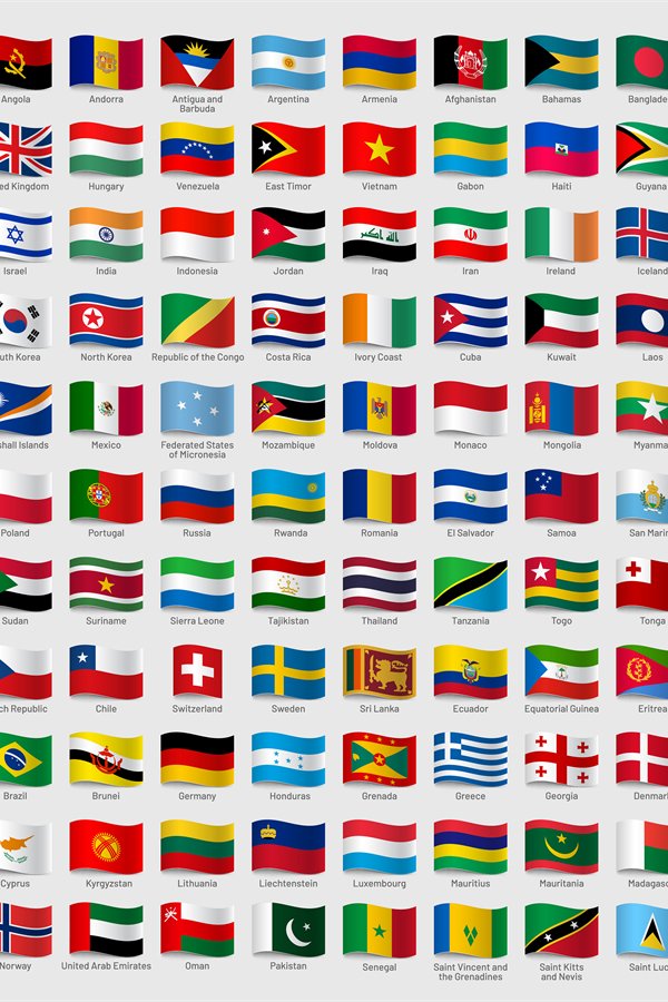 World national waving flags. Official country signs with nam