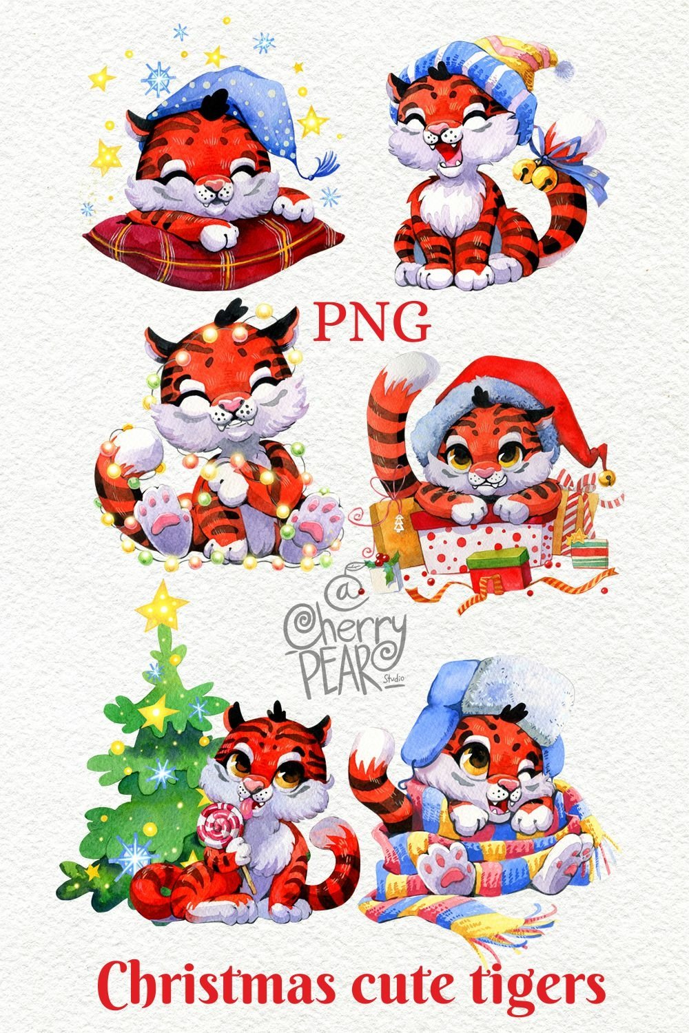 Christmas cute tiger clipart, New Year clip art