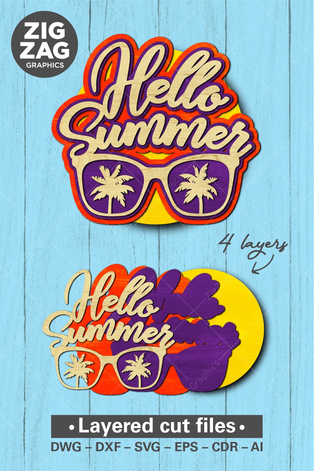 layered sign hello summer with palm trees and sunglasses