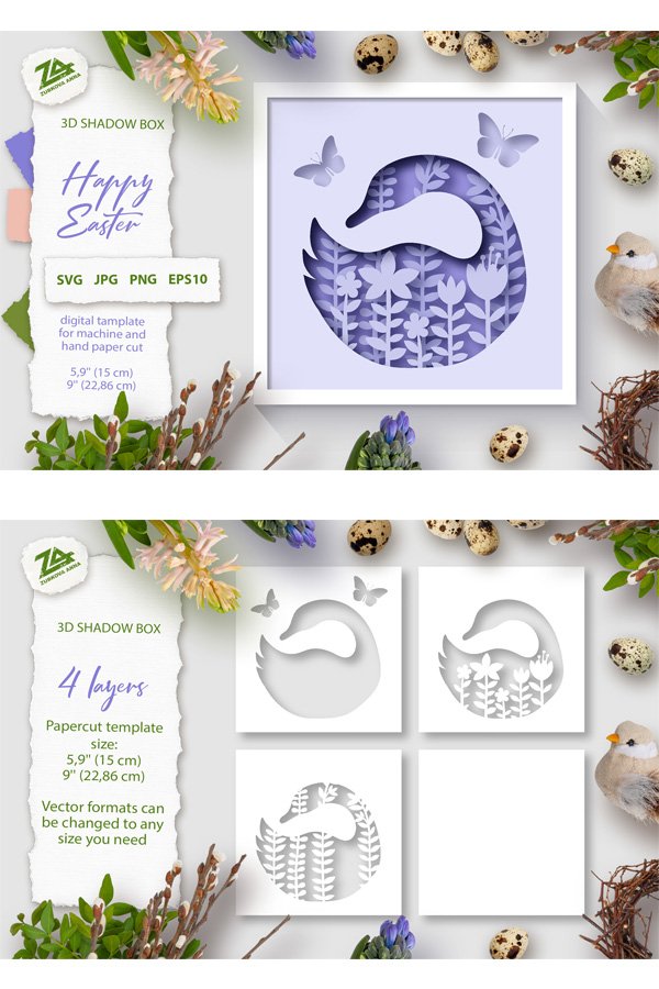 3d Papercut Happy Easter template, Shadow Box SVG - Goose