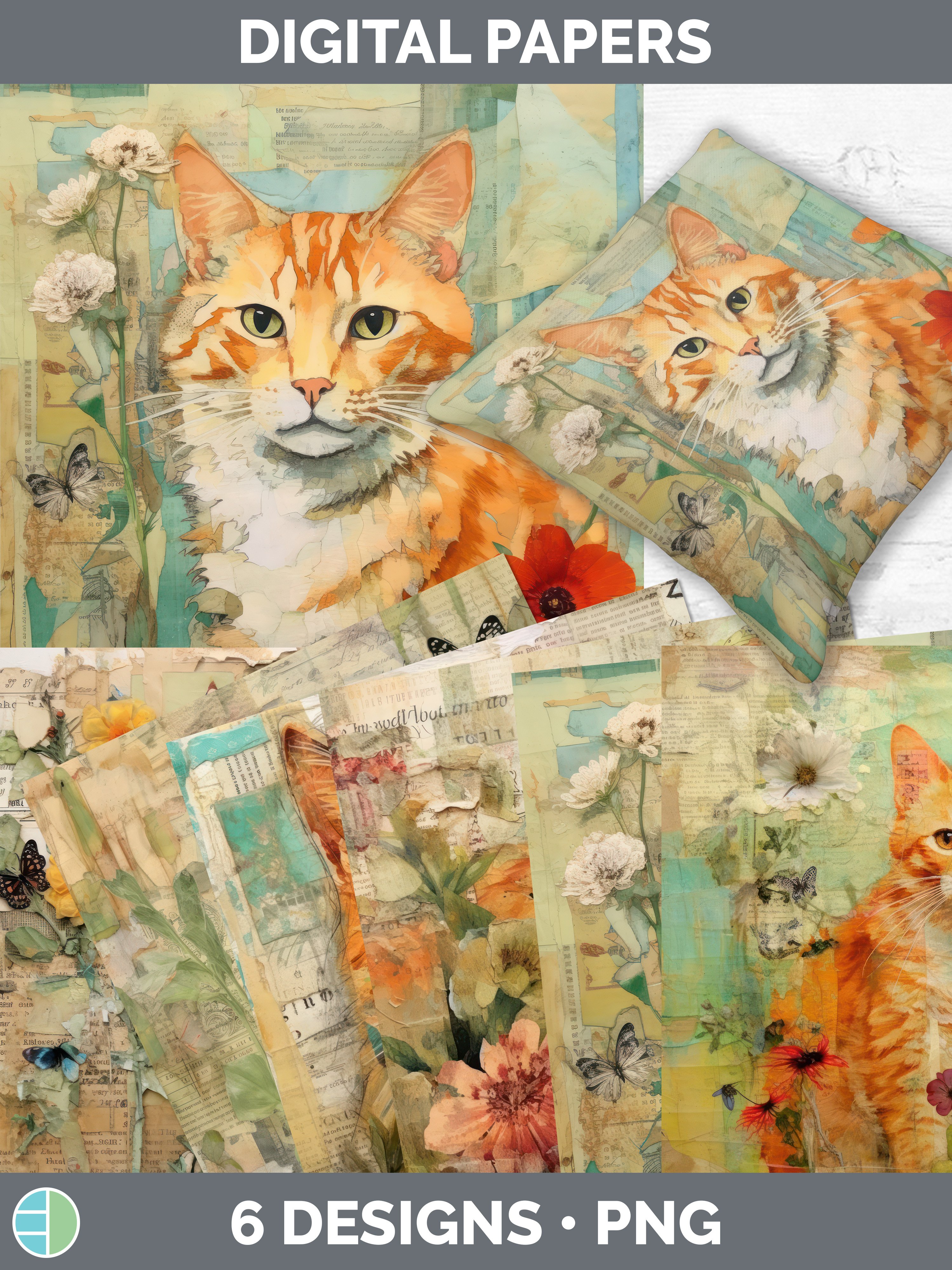 Vintage Orange Cat Paper Backgrounds | Digital Scrapbook Pap