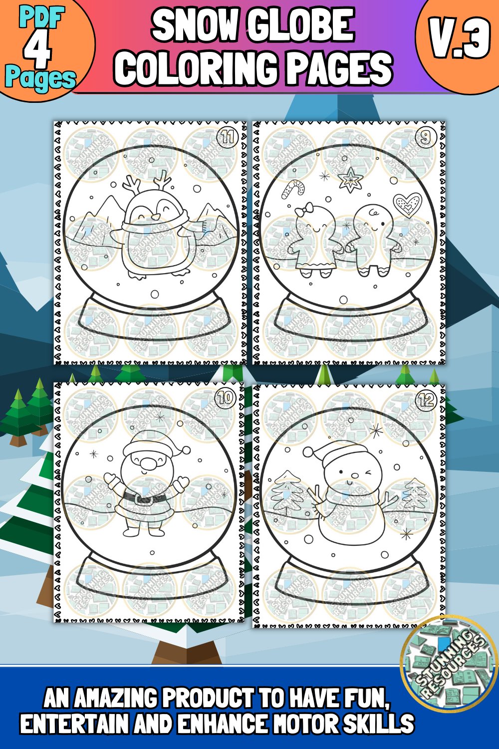 Snow Globe Coloring Pages, PDF 4 Pages V.3