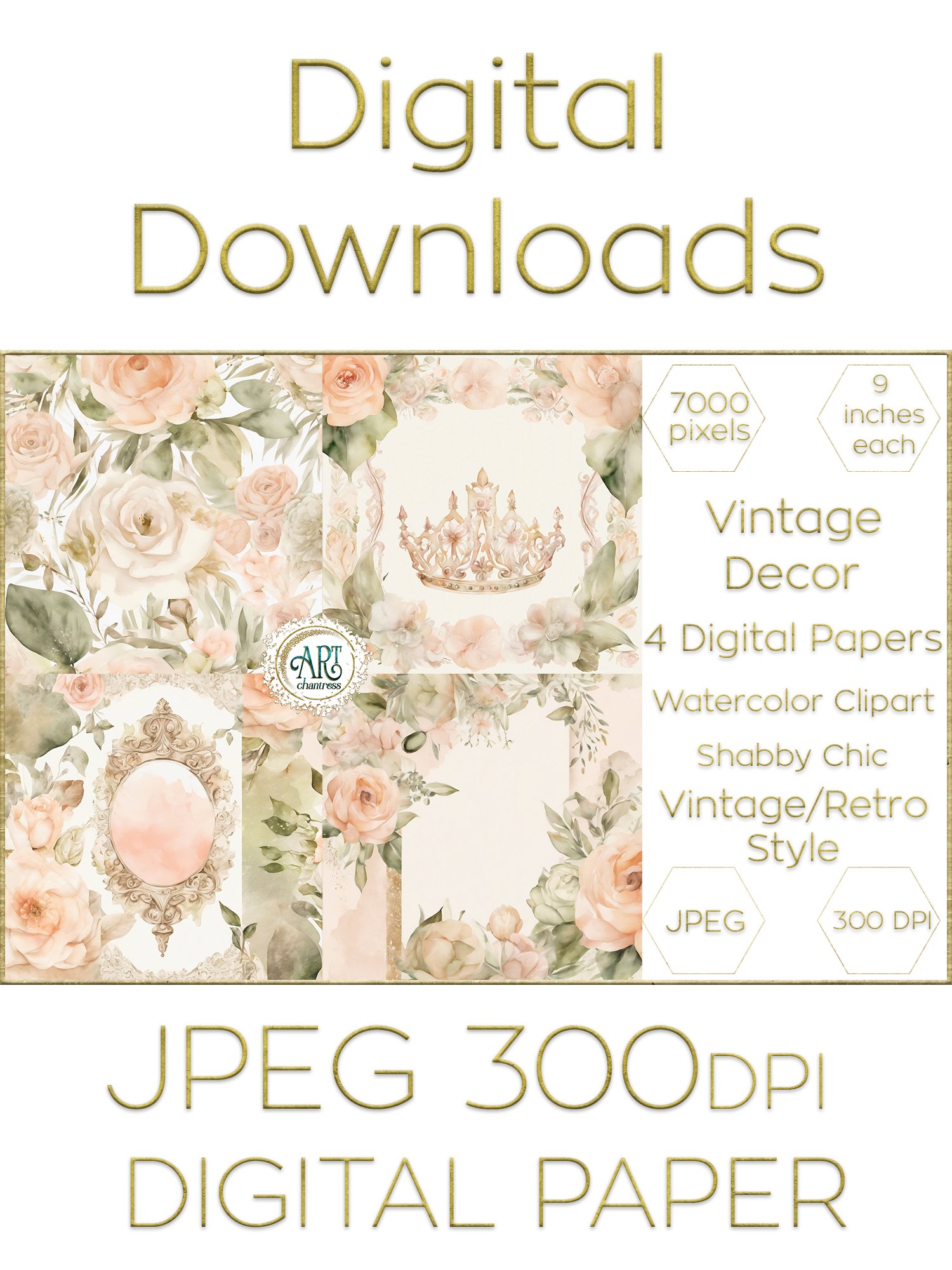 Watercolor Vintage French Pink Digital Paper Roses (3376886)