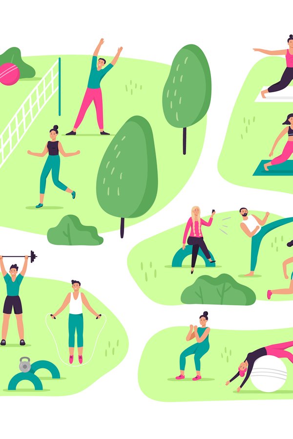 People do sports in park. Outdoor sport activities, group wo