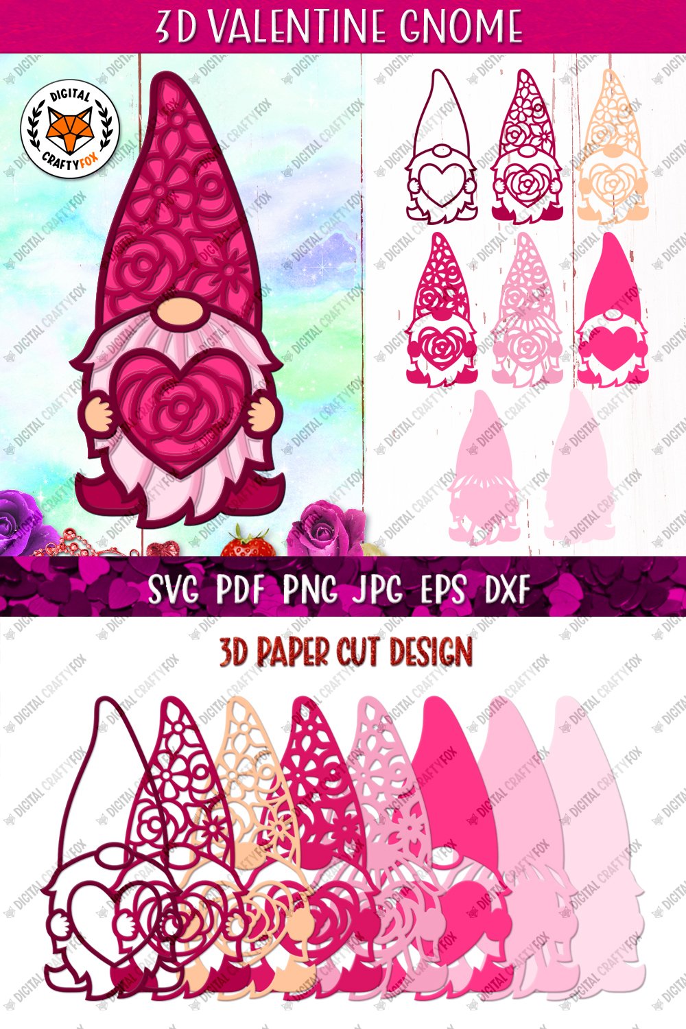 3D Valentine Gnome with Heart, Valentines Day Paper Cut