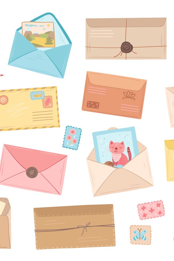 Cartoon envelopes. Flat envelope, pen or pencil for hand let