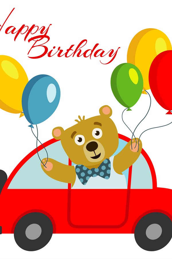Happy birthday kids postcard template with bear with balloon