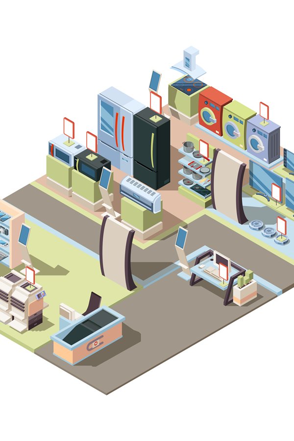 Retail electronics market. Isometric shop interior with appl