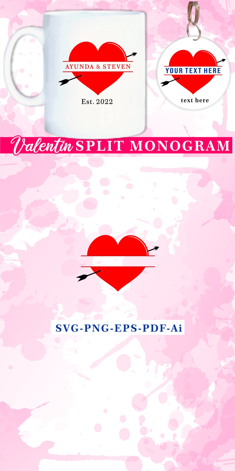 Heart Split Monogram, valentine sublimation, Mug, Keychain