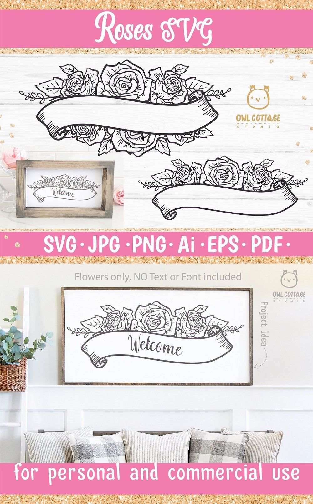 Roses svg, Floral Ribbon Banner SVG (1373899)