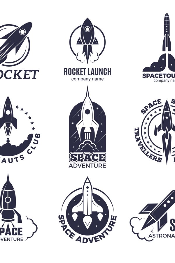 Space logotypes. Rockets and flight shuttle moon discovery b
