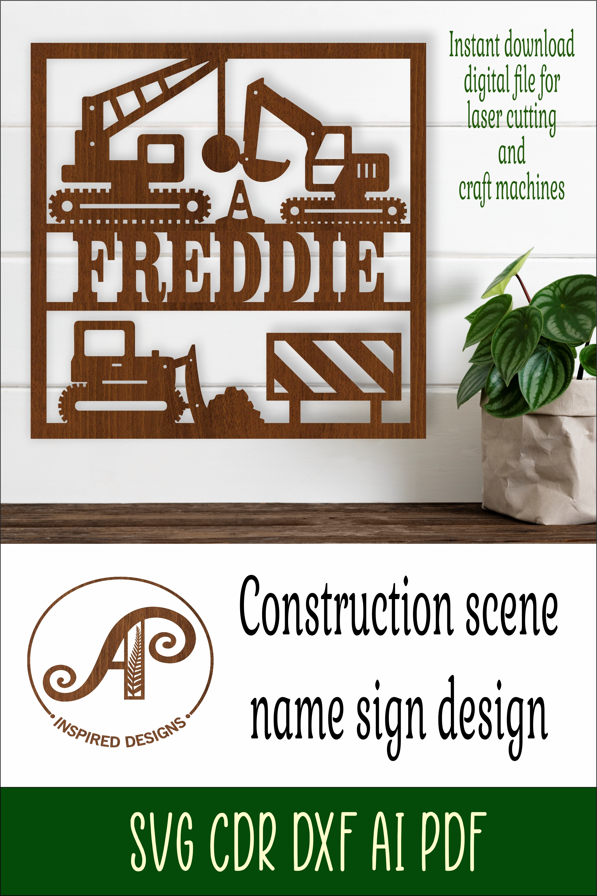 Construction scene name wall art sign or card