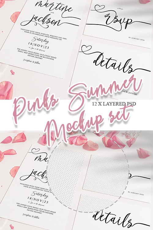 12 flat lay Mockups layered PSD Pink summer theme.