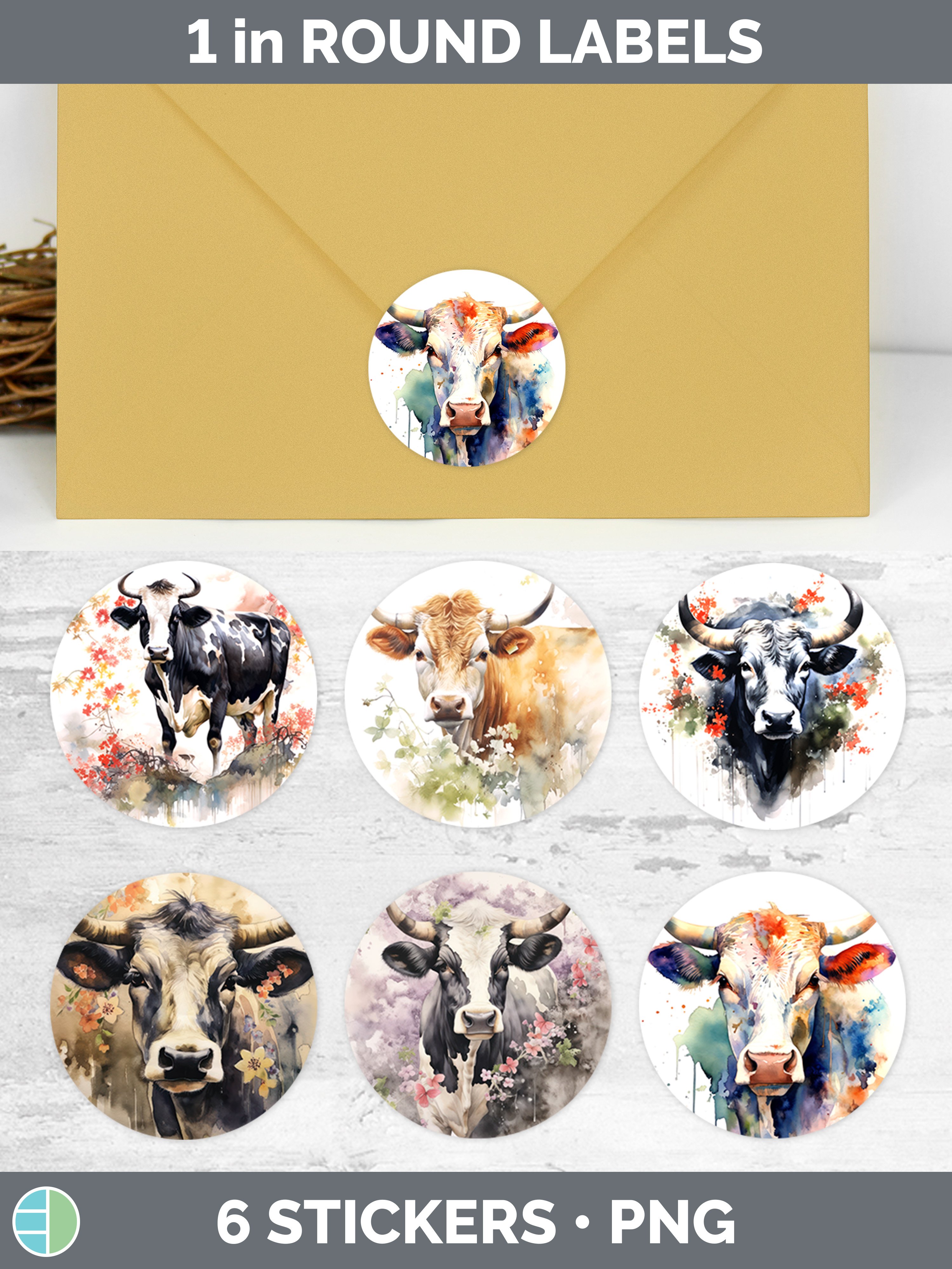 Japanese Watercolor Cow Stickers | Round Labels Designs Bund