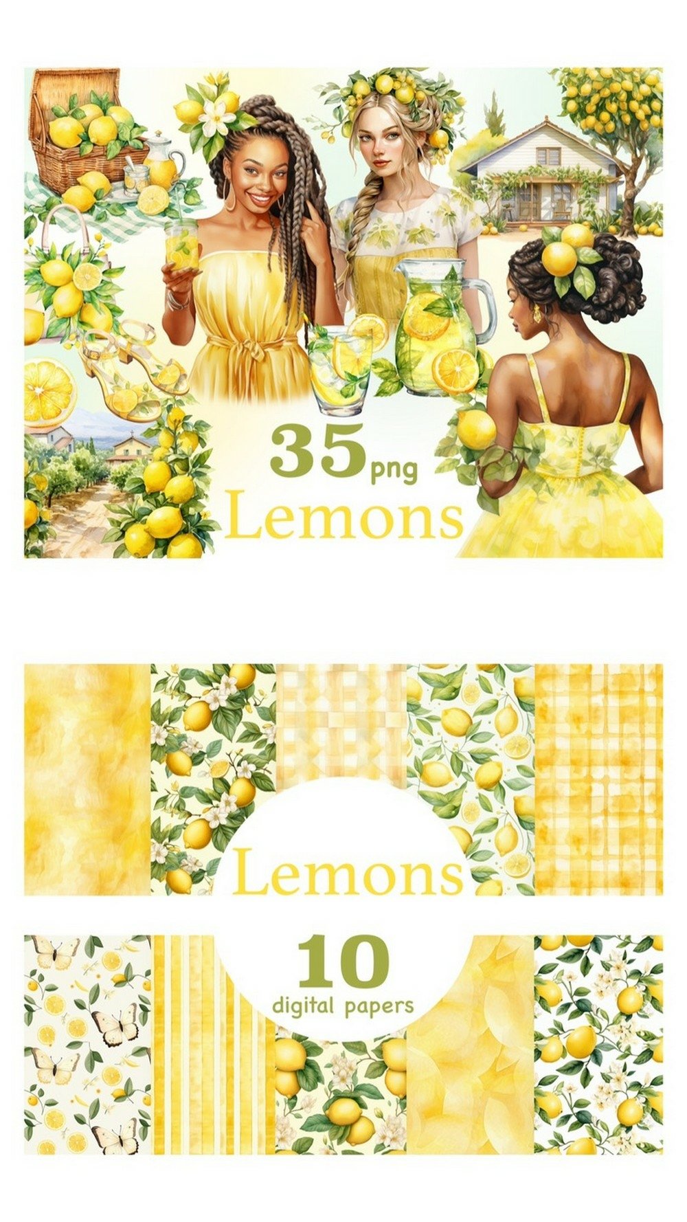 Lemon Digital Paper | Citrus Pattern Bundle