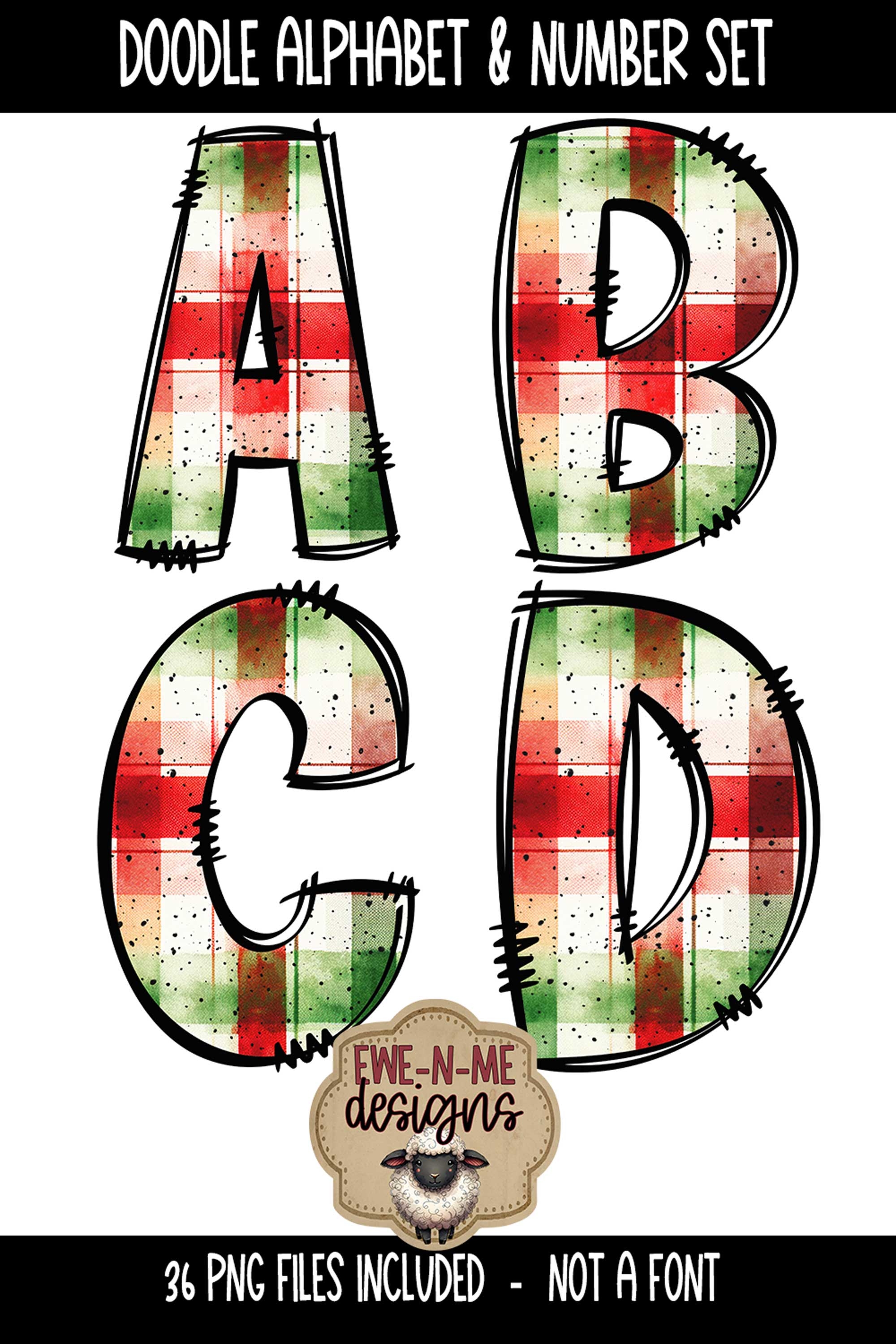 Christmas Plaid 4 Doodle Alphabet and Numbers | PNG Files