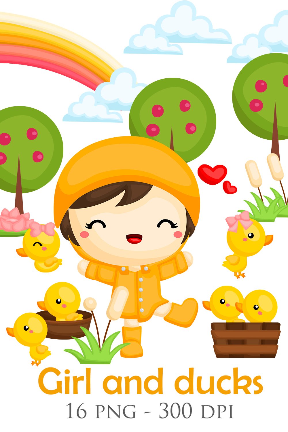 Cute Animal Ducks and Girl Cartoon Yellow Illustration Art