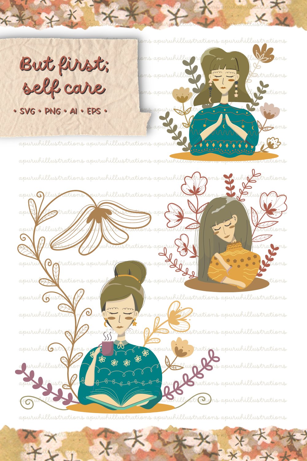 3 Woman doing Self-care Routine Vector Illustrations