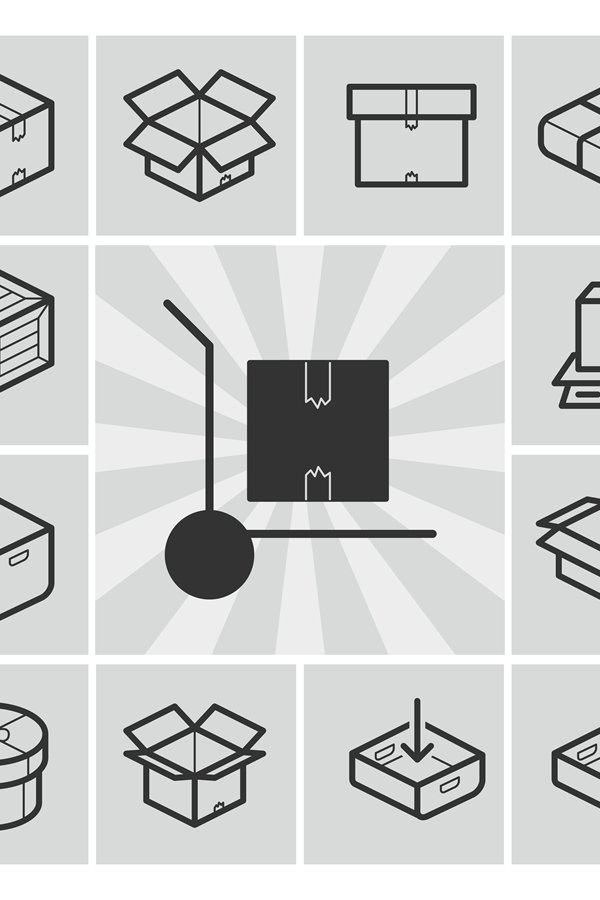 Package icons vector set with boxes, crates, containers