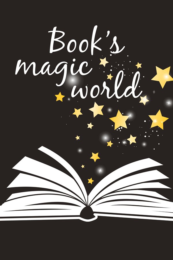Books Magic world poster. Open book with white pages and gol