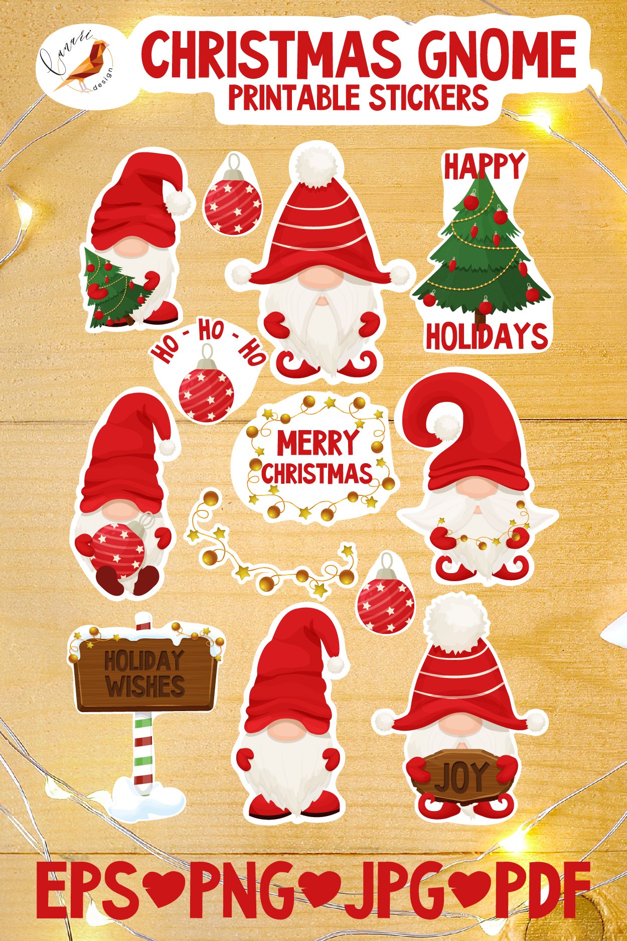 Christmas Gnome Printable Stickers Bundle PDF PNG
