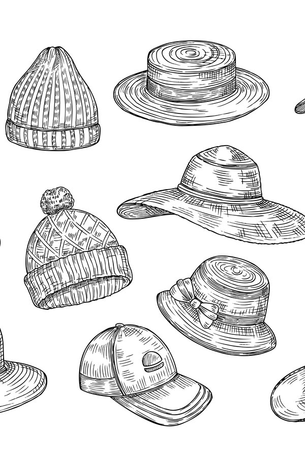 Sketch hats. Knitted winter and summer hats, hand drawn warm