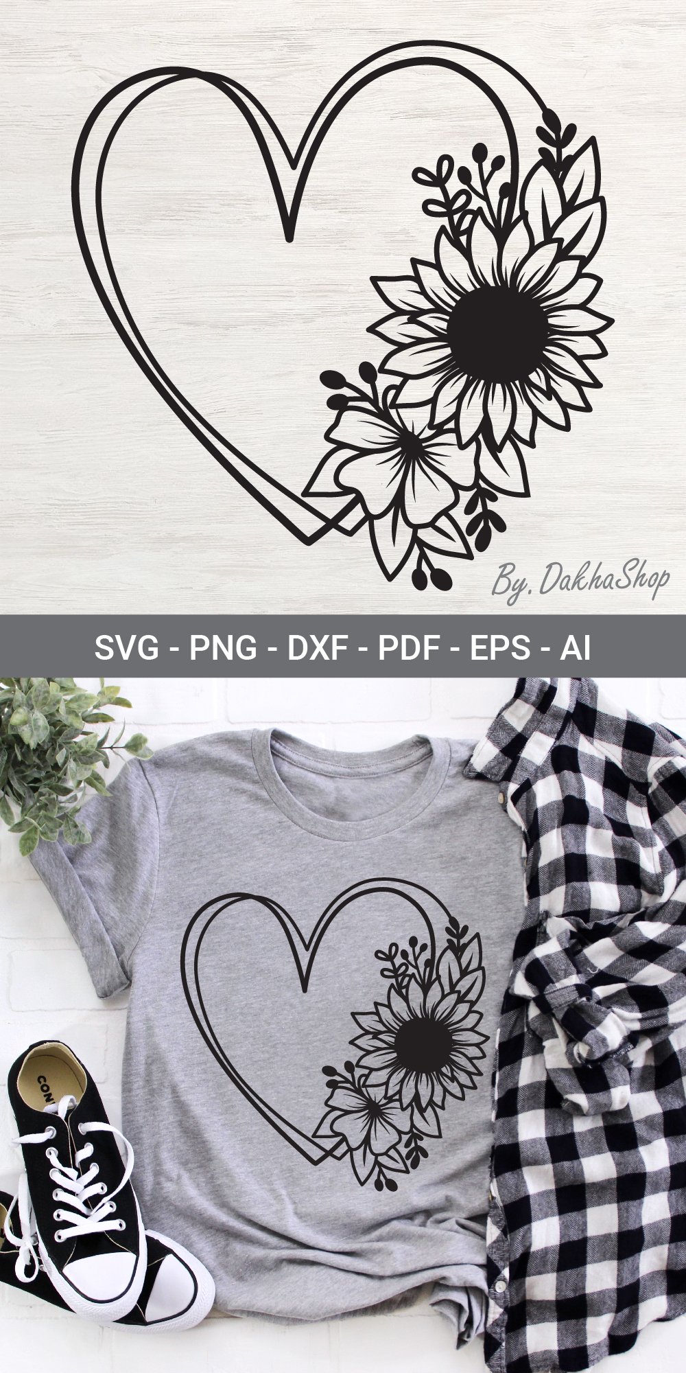 Sunflower svg, Flower heart svg, Heart With Flower.