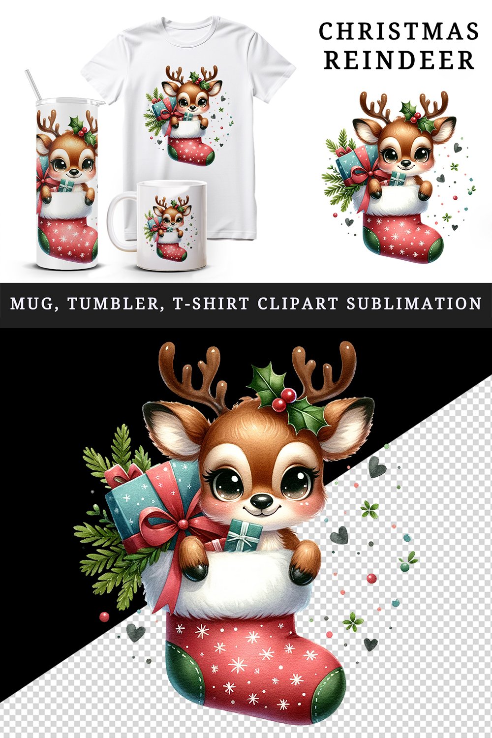 Christmas reindeer tumbler mug wrap, clipart sublimation png