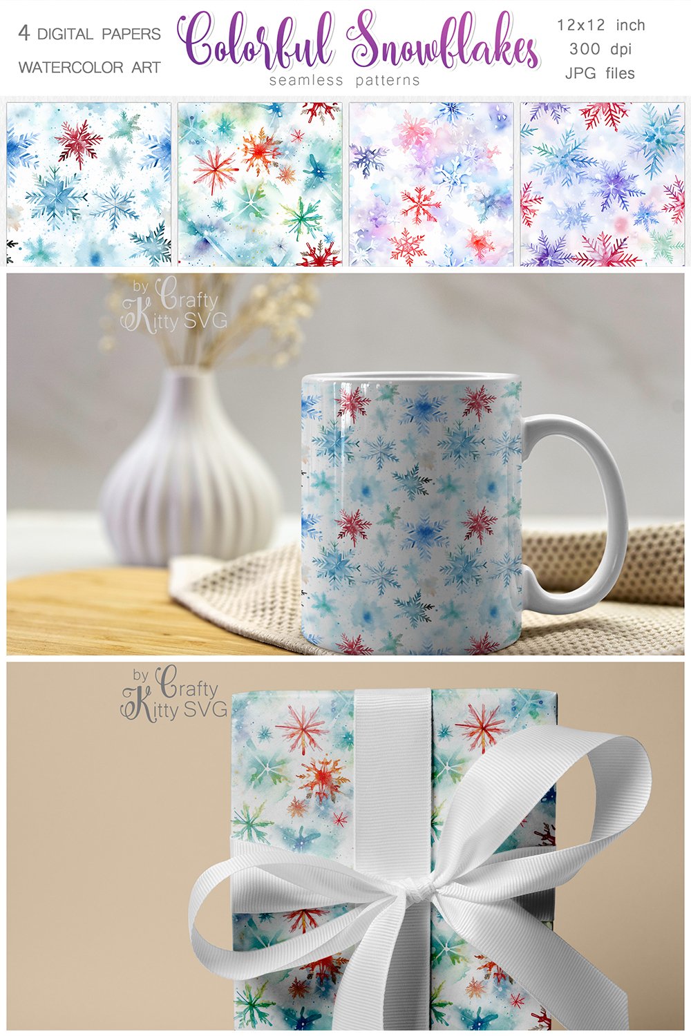 Winter Snowflake Seamless Pattern, Watercolor (2941923)