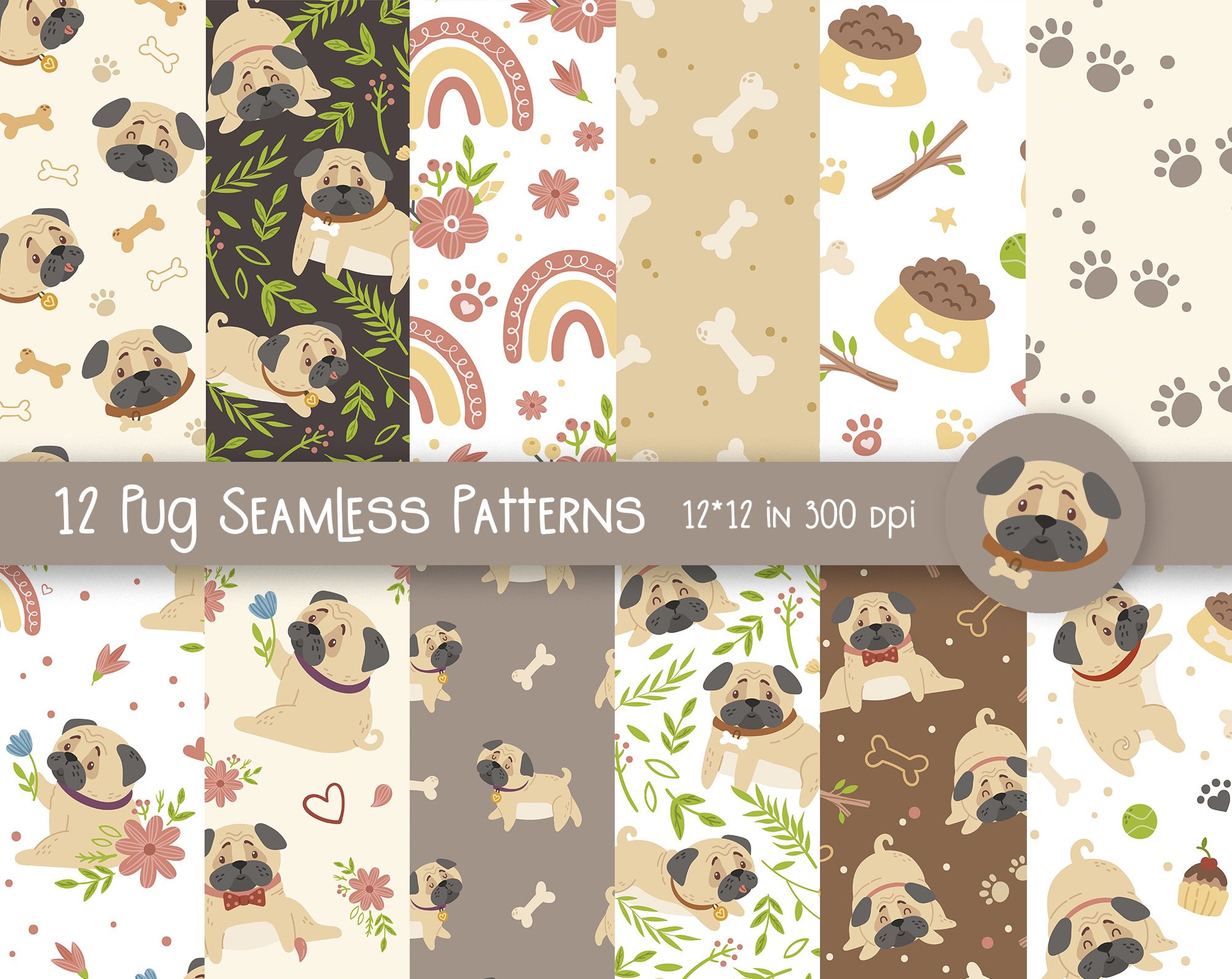 Cute Pug digital paper, Baby dog kids seamless patterns pack
