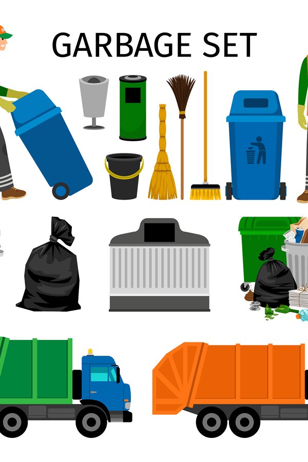 Garbage trucks, trash can and sweeper