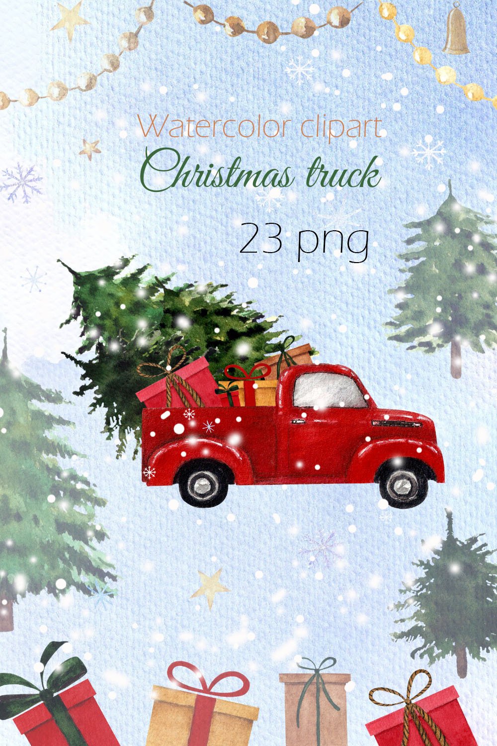 Watercolor christmas truck clipart (1613733)