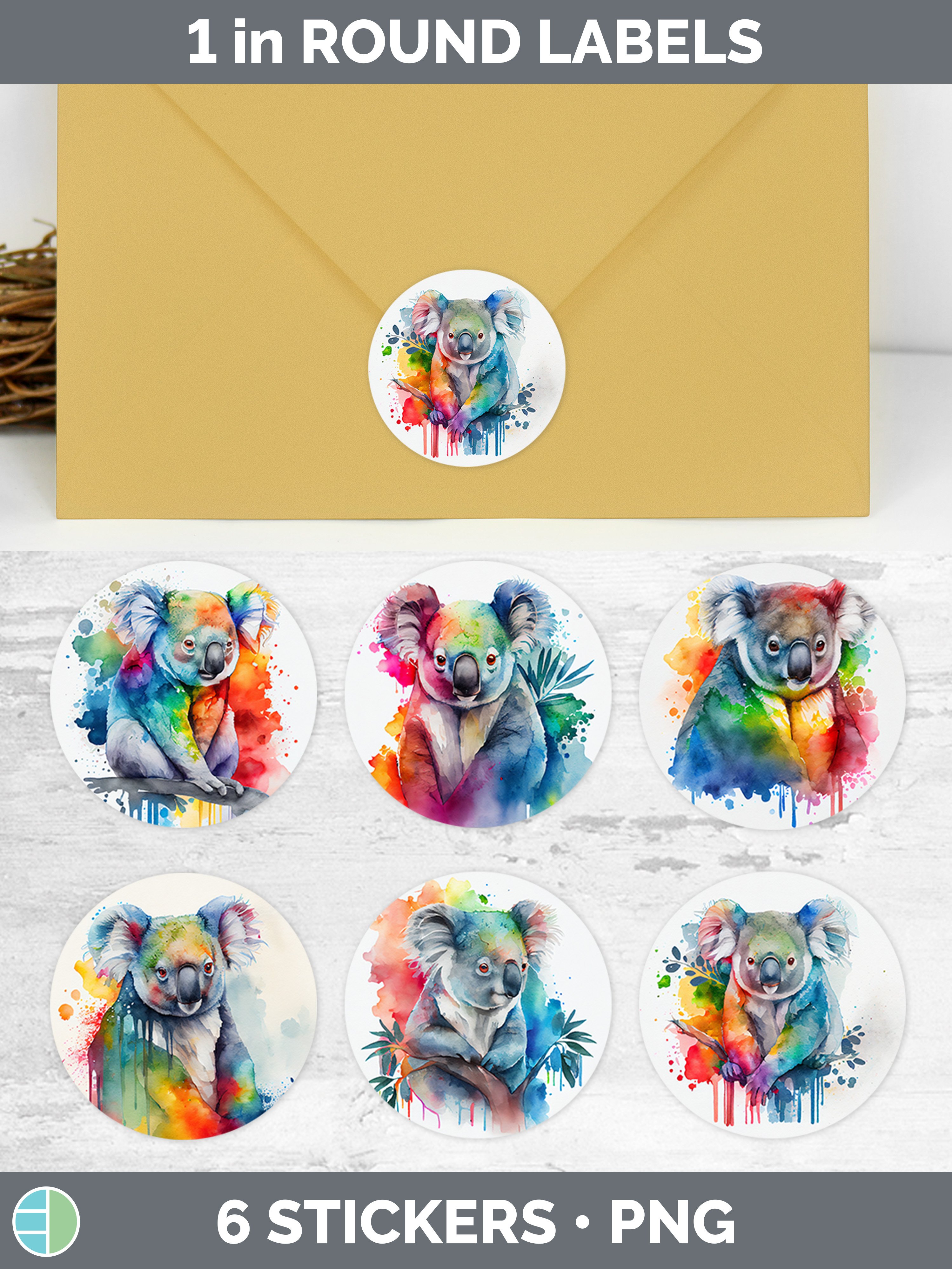 Rainbow Koala Stickers | Sticker 1in Round Labels PNG Design