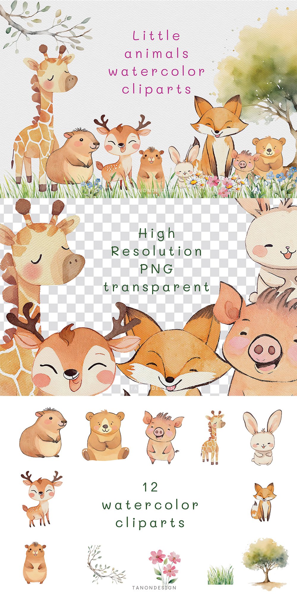 Little animals watercolor clip art, Woodland, Fox, Capybara